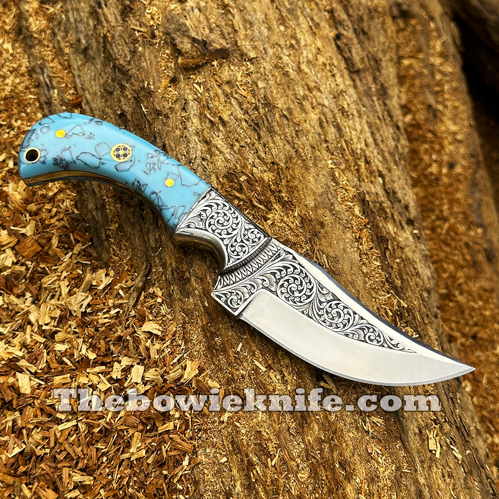 Handmade Hunting Knife Hand Engraved Steel Blade Resin Handle With Lea ...