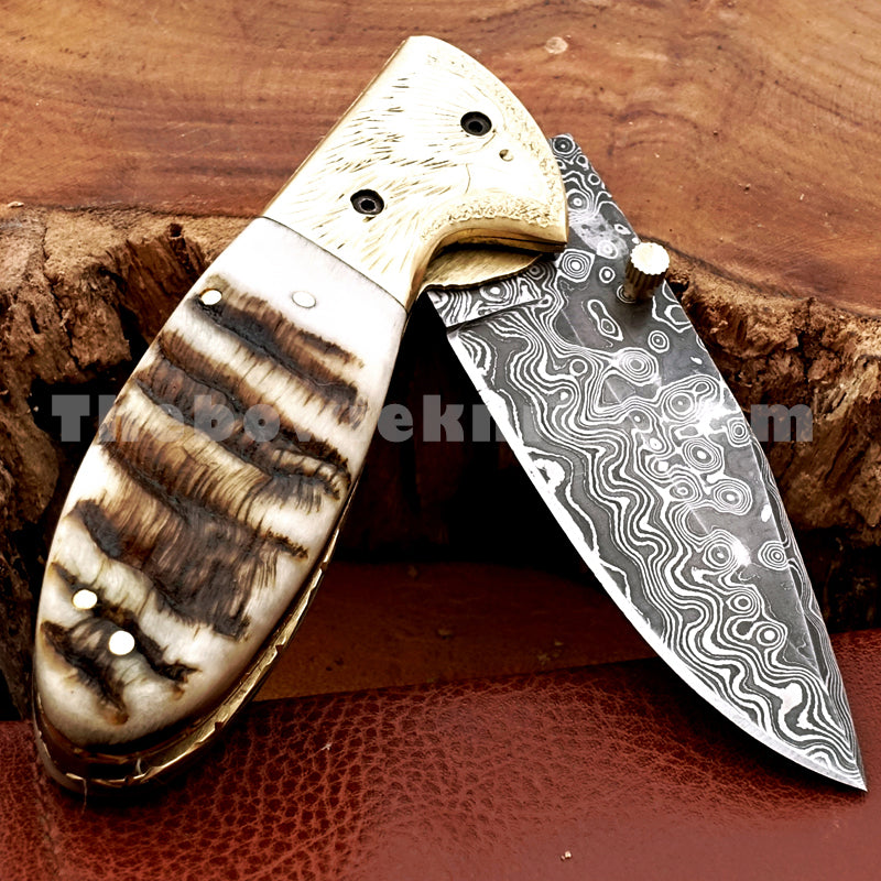 Ram Horn Pocket Knife Damascus Blade FK-021 – The Bowie Knife